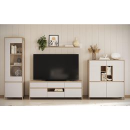 Wohnwand Home Affaire "Stranda, moderne Anbauwand, Komplettset im Scandi-Style", wei&szlig; (wei&szlig; skandi eiche), B:363cm H:195cm T:39cm, Holzwerkstoff, Kastenm&ouml;bel-Sets, Wohnwand, enth&auml;lt Vitrine, Lowboard, Highboard und Wandboard, 364 cm breit