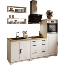 K&uuml;chenzeile Home Affaire "Meliss", k&uuml;che: wei&szlig;, korpus: wei&szlig;, arbeitsplatte: honig, B:220cm T:60cm, Komplettk&uuml;chen-Sets, K&uuml;chenzeile, aus massiver Kiefer, mit Soft-Close-Funktion, 5-teiliges Set