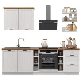 K&uuml;chenzeile Home Affaire "Teramo", k&uuml;che: wei&szlig;, front: massivholz, korpus: wei&szlig;, arbeitsplatte: honigfarben, B:250cm T:60cm, Komplettk&uuml;chen-Sets, K&uuml;chenzeile, Breite 250 cm, Kiefer massiv, mit Arbeitsplatte