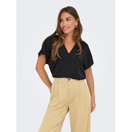 V-Shirt Only "ONLLUCY LIFE SS V-NECK TOP WVN", Damen, Gr. XS, schwarz, Web, Obermaterial: 100% Polyester, unifarben, regular fit, V-Ausschnitt, Shirts