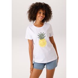 T-Shirt Aniston CASUAL, Damen, Gr. 46, wei&szlig;, gelb, gr&uuml;n, Single Jersey, Obermaterial: 95% Baumwolle, 5% Elasthan, Glitzermuster, bestickt, figurumspielend h&uuml;ftlang, Rundhals, Shirts T-Shirt, mit Glitzersteinchen verzierter Ananas-Applikation