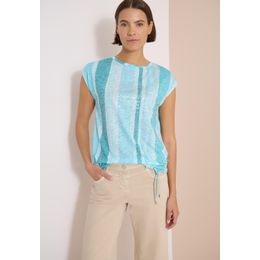 Kurzarmshirt Cecil, Damen, Gr. L (42), blau (crystal mint), Web, Obermaterial: 65% Polyester, 35% Viskose, gestreift, normal h&uuml;ftbedeckend, Rundhals, abgesteppte Kante, Shirts, Sommershirt in Ausbrenner-Optik/Streifen-Muster