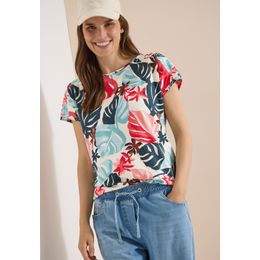 T-Shirt Cecil, Damen, Gr. L (42), light alabaster wei&szlig;, Web, 50% Baumwolle, 50% Modal, gebl&uuml;mt, normal normal, U-Boot-Ausschnitt, abgesteppt, Shirts T-Shirt, im angenehmen Materialmix