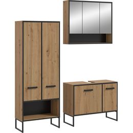 Badezimmer-Set Welltime "LOCRI, 3-tlg. Badkombination, Breite 154 cm, Rillenoptik, Metallkufen", artisan oak nachbildung, schwarz, Holzwerkstoff, Kastenm&ouml;bel-Sets, Bad-Kombination, Bad-M&ouml;bel, Badezimmer, Kombination, Kombi