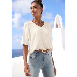 Plisseeshirt Lascana, Damen, Gr. 32/34, beige (creme), Jersey, Obermaterial: 94% Polyester, 6% Elasthan, unifarben, figurumspielend h&uuml;ftbedeckend, V-Ausschnitt, Fledermaus&auml;rmel, Shirts, aus schimmernder Ware