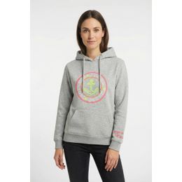 Kapuzensweatshirt Zwillingsherz, Damen, Gr. L/XL, grau (hellgrau, meliert), Sweatware, Obermaterial: 50% Baumwolle, 50% Polyester, meliert, bequem h&uuml;ftbedeckend, V-Ausschnitt, Sweatshirts, mit Ankeraufstick und neonfarbenen Details