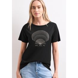 T-Shirt Street One, Damen, Gr. 34, schwarz, Web, 50% Baumwolle, 50% Modal, bedruckt, comfort fit normal, Rundhals, normaler Saum, Shirts T-Shirt, mit Rundhalsausschnitt