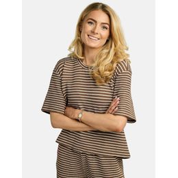 Kurzarmhemd LIBERT&Eacute; ESSENTIEL "Libert&eacute; Essentiel T-shirt SUS", Damen, Gr. L, Normalgr&ouml;&szlig;en, braun (braun creme stripe), Obermaterial: 92% Polyamid, 8% Elasthan, Hemden