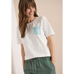 T-Shirt Cecil, Damen, Gr. L (42), vanillewei&szlig;, Web, 96% Baumwolle, 4% Elasthan, unifarben, normal normal, Rundhals, abgesteppt, Shirts T-Shirt, mit Brusttasche