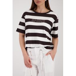 Sweatshirt monari "Sweatshirt Basic Ringel+Schmuck", Damen, Gr. 34, braun ger, Web, Obermaterial: 80% Viskose, 15% Polyester, 5% Elasthan, geringelt, regular fit taillenbedeckt, Rundhals, eingesetzt gerader Abschluss, Sweatshirts Sweatshirt, Regular fit mit Strasssteinen