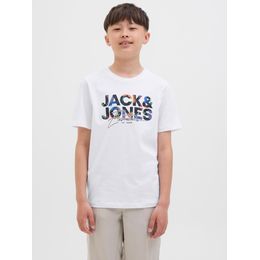 Jack & Jones Rundhalsshirt JACK & JONES JUNIOR "JJGEPLAS TEE SS CREW NECK JNR", Jungen, Gr. 128, wei&szlig;, Single Jersey, Obermaterial: 100% Baumwolle, bedruckt, regular fit normal, Rundhals, Shirts Rundhalsshirt, Baumwolle, regular fit