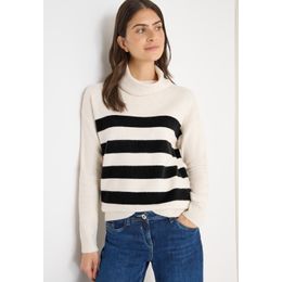 Rollkragenpullover Cecil, Damen, Gr. L (42), light greige melange, Strick, Obermaterial: 37% Baumwolle, 34% Polyacryl, 26% Polyester, 3% Elasthan, gestreift, l&auml;ssig geschnitten h&uuml;ftbedeckend, Rundhals, B&uuml;ndchen, Pullover Rollkragenpullover, mit Colorblocking-Streifen und gro&szlig;em Kragen