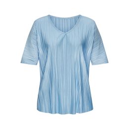 Plisseeshirt Lascana, Damen, Gr. 36/38, blau (hellblau), Jersey, Obermaterial: 94% Polyester, 6% Elasthan, unifarben, figurumspielend h&uuml;ftbedeckend, V-Ausschnitt, Fledermaus&auml;rmel, Shirts, aus schimmernder Ware