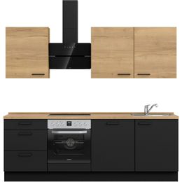 K&uuml;chenzeile Nobilia "MIAMI", Ausrichtung w&auml;hlbar, Breite 240 cm", k&uuml;che: schwarz, korpus: schwarz, eiche sierra nachbildung, arbeitsplatte: eiche sierra nachbildung, B:240,3cm H:216,6cm T:60cm, Komplettk&uuml;chen-Sets, K&uuml;chenzeile, vormontiert, wahlw. mit unterschiedlichen E-Ger&auml;ten-Sets