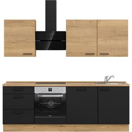 K&uuml;chenzeile Nobilia "MIAMI", Ausrichtung w&auml;hlbar, Breite 240 cm", k&uuml;che: schwarz, korpus: eiche sierra nachbildung, arbeitsplatte: eiche sierra nachbildung, B:240,3cm H:216,6cm T:60cm, Komplettk&uuml;chen-Sets, K&uuml;chenzeile, vormontiert, wahlw. mit unterschiedlichen E-Ger&auml;ten-Sets