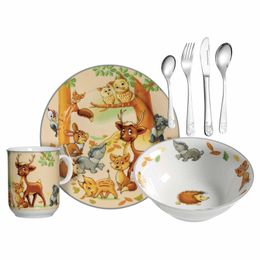 Ritzenhoff & Breker Kindergeschirr-Set RITZENHOFF & BREKER "Kindergeschirr mit Besteck Waldtiere bunt", bunt, 7, Porzellan, Geschirr-Sets, Sp&uuml;lmaschinengeeignet