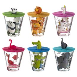 Kinderbecher Leonardo "Kinderbecher mit Deckel Bambini 215 ml 6er Set bunt", bunt, B:2cm H:2cm, Glas, Trinkgef&auml;&szlig;e, Kinderbecher, Sp&uuml;lmaschinengeeignet