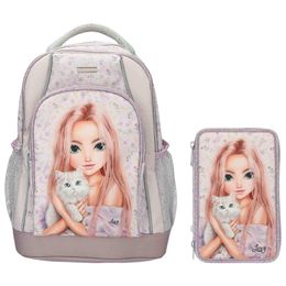 Rucksack Depesche "Schul-Set BLOOMING KITTY TOPModel 2er Set flieder", Kinder, Gr. B/H/T: 2cm x 2cm x 2cm, rosa (flieder), Polyester, Rucks&auml;cke Rucksack