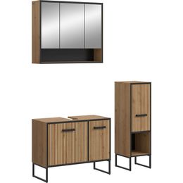 Badm&ouml;bel-Set Welltime "LOCRI, 3-tlg. Badkombination, Breite 125 cm, Rillenoptik, Metallkufen", braun (artisan oak nachbildung), B:125cm H:192cm T:36cm, Kastenm&ouml;bel-Sets, Badm&ouml;bel-Set, Bad-Kombination, Bad-M&ouml;bel, Badezimmer, Kombination, Kombi