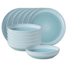Geschirr-Set "Tafelservice Perlemor Aqua 12er Set blau", blau, 12, Porzellan, LIKE. BY VILLEROY & BOCH, Geschirr-Sets, Geschirr-Set, Sp&uuml;lmaschinengeeignet, Mikrowellengeeignet