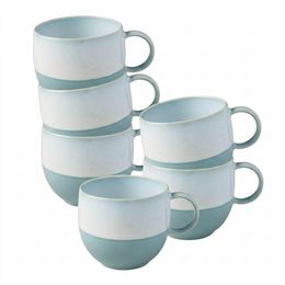 Becher "Henkelbecher Perlemor Aqua 290 ml 6er Set blau", blau, B:9,5cm H:8,5cm, Porzellan, LIKE. BY VILLEROY & BOCH, Trinkgef&auml;&szlig;e, Becher, Sp&uuml;lmaschinengeeignet, Mikrowellengeeignet