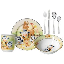 Ritzenhoff & Breker Kindergeschirr-Set RITZENHOFF & BREKER "Kindergeschirr mit Besteck Hoftiere bunt", bunt, 7, Porzellan, Geschirr-Sets, Sp&uuml;lmaschinengeeignet