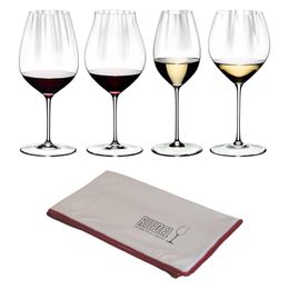 Weinglas "Verkostungsset + Poliertuch Performance 5er Set transparent", bunt (transparent), B:2cm H:2cm, Glas, RIEDEL THE WINE GLASS COMPANY, Trinkgef&auml;&szlig;e, Weinglas, Sp&uuml;lmaschinengeeignet