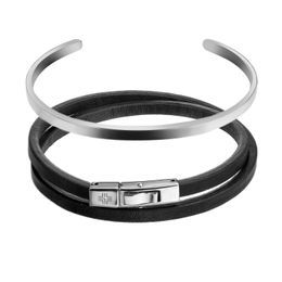 Armband PHILIPP BLANC "PBS05BS", schwarz, silber, Armb&auml;nder, Herren, 2x21cm/ inner diameter 6cm, Edelstahl Leder, Edelstahl, Leder, Armband