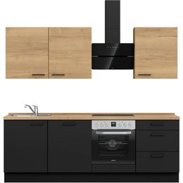 K&uuml;chenzeile Nobilia "MIAMI", Ausrichtung w&auml;hlbar, Breite 240 cm", k&uuml;che: schwarz, korpus: schwarz, eiche sierra nachbildung, arbeitsplatte: eiche sierra nachbildung, B:240,3cm H:216,6cm T:60cm, Komplettk&uuml;chen-Sets, K&uuml;chenzeile, vormontiert, wahlw. mit unterschiedlichen E-Ger&auml;ten-Sets