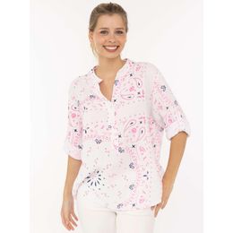 Kurzarmbluse Zwillingsherz "Paisley Dreams", Damen, wei&szlig;, Web, Obermaterial: 100% Baumwolle, gemustert, mehrfarbig, Po-bedeckend, Krempel&auml;rmel krempelbar, Blusen, Musselin, Paisley Muster, umgeschlagene &Auml;rmel, V-Neck mit Knopfleiste