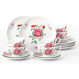 Teeservice Seltmann Weiden "Geschirr-Set, 18 Teile, Amina Ostfiesenrose, gro&szlig;", bunt (wei&szlig;, rot, gr&uuml;n), 18 Stk., Porzellan, Geschirr-Sets, St&auml;bchenrelief, die Ostfriesenrose, Bl&uuml;tenmotiv