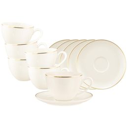 Tasse Seltmann Weiden "Milchkaffeetassen mit Untertassen Savona Goldlinie 340 ml 6er Set creme", beige (creme), B:16cm H:8,9cm &Oslash;:16cm, Porzellan, Trinkgef&auml;&szlig;e, Tasse, Sp&uuml;lmaschinenfest, Mikrowellensicher, Ofenfest