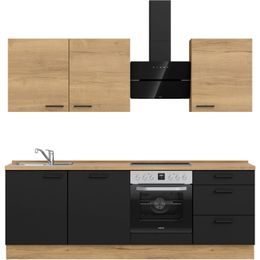 K&uuml;chenzeile Nobilia "MIAMI", Ausrichtung w&auml;hlbar, Breite 240 cm", k&uuml;che: schwarz, korpus: eiche sierra nachbildung, arbeitsplatte: eiche sierra nachbildung, B:240,3cm H:216,6cm T:60cm, Komplettk&uuml;chen-Sets, K&uuml;chenzeile, vormontiert, wahlw. mit unterschiedlichen E-Ger&auml;ten-Sets