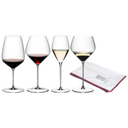 Weinglas "Verkostungsset Gl&auml;serset + Poliertuch Veloce 4er Set transparent", bunt (transparent), B:2cm H:2cm, Glas, RIEDEL THE WINE GLASS COMPANY, Trinkgef&auml;&szlig;e, Weinglas, Sp&uuml;lmaschinengeeignet