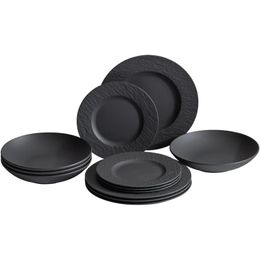 Villeroy & Boch Geschirr-Set VILLEROY & BOCH "Tafelservice Manufacture Rock 12er Set schwarz", schwarz, 12, Porzellan, Geschirr-Sets, Geschirr-Set, Sp&uuml;lmaschinengeeignet, Mikrowellenfest