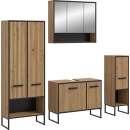 Badm&ouml;bel-Set Welltime "LOCRI, 4-tlg. Badkombination, Breite 199 cm, Rillenoptik, Metallkufen", artisan oak nachbildung, B:199cm H:192cm T:36cm, Kastenm&ouml;bel-Sets, Badm&ouml;bel-Set, Bad-Kombination, Bad-M&ouml;bel, Badezimmer, Kombination, Kombi
