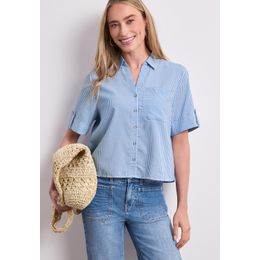 Hemdbluse Street One, Damen, Gr. 44, original blau, Web, Obermaterial: 65% Polyester, 35% Viskose, gestreift, normal h&uuml;ftbedeckend, V-Ausschnitt, 1-Knopf-Manschette, Blusen Hemdbluse, Gestreifte Sommerbluse mit Turn-Up-Details