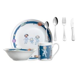 Kindergeschirr-Set Leonardo "Kindergeschirr Set mit Besteck BAMBINI AVVENTURA", blau (weltall), 7, Geschirr-Sets, Sp&uuml;lmaschinengeeignet