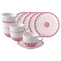 Villeroy & Boch Tasse VILLEROY & BOCH "Cappuccinotassen mit Untertassen Fleur Couleur 300 ml 6er Set", pink (cassis), B:17,5cm H:9,5cm &Oslash;:17,5cm, Porzellan, Trinkgef&auml;&szlig;e, Tasse, Sp&uuml;lmaschinenfest, Mikrowellensicher