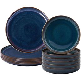 Geschirr-Set "Tafelservice Crafted 12er Set", blau (denim), 12, Porzellan, LIKE. BY VILLEROY & BOCH, Geschirr-Sets, Geschirr-Set, Sp&uuml;lmaschinengeeignet, Mikrowellengeeignet