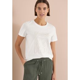 Kurzarmshirt Cecil, Damen, Gr. L (42), vanillewei&szlig;, Jersey, Obermaterial: 100% Baumwolle, normal h&uuml;ftbedeckend, Rundhals, abgesteppte Kante, Shirts, Sommershirt mit Folienprint