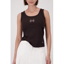 Tanktop monari "Top Krebs", Damen, Gr. 34, braun, Web, Obermaterial: 65% Polyester, 30% Viskose, 5% Elasthan, unifarben, regular fit taillenbedeckt, Rundhals, Tops Tanktop, Regular fit mit Strass-Krebs