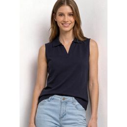 T-Shirt Street One, Damen, Gr. 34, blau (shadowed navy), Web, 97% Baumwolle, 3% Elasthan, unifarben, comfort fit normal, hoch geschlossener Ausschnitt, normaler Saum, Shirts T-Shirt, mit Rippstrick-Struktur