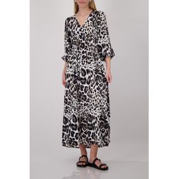 Maxikleid monari "Kleid Leodruck allover", Damen, Gr. 34, N-Gr, schwarz-wei&szlig; (braun gem), Web, Obermaterial: 100% Viskose, gemustert, regular fit lang, V-Ausschnitt, eingesetzt eingefasste Kante, Kleider Maxikleid, Regular fit mit Leomuster