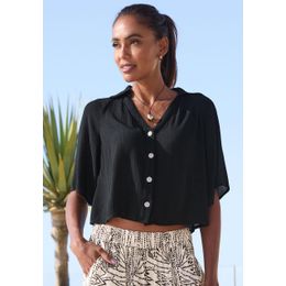 Kurzarmbluse Buffalo, Damen, Gr. 34, schwarz, Cr&ecirc;pe, Obermaterial: 100% Viskose, unifarben, figurumspielend taillenbedeckt, V-Ausschnitt, Raglan&auml;rmel, Blusen