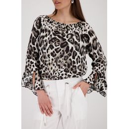 Langarmbluse monari "Bluse Leodruck allover", Damen, Gr. 36, braun gem, Web, Obermaterial: 100% Viskose, gemustert, regular fit taillenbedeckt, Rundhals, Trompeten&auml;rmel gerader Abschluss, Blusen, Regular fit mit Leomuster