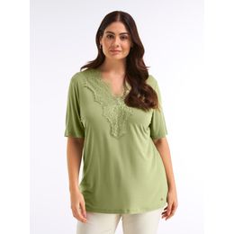 Spitzenshirt sheego "Halbarmshirt", Damen, Gr. 40/42, schilf, 95% Viskose, 5% Elasthan, Spitze:100% Polyimid, unifarben, V-Ausschnitt, Shirts