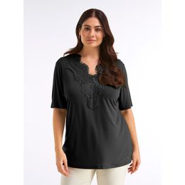 Spitzenshirt sheego "Halbarmshirt", Damen, Gr. 44/46, schwarz, 95% Viskose, 5% Elasthan, Spitze:100% Polyimid, unifarben, V-Ausschnitt, Shirts