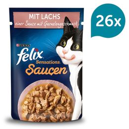 FELIX Sensations Saucen mit Lachs & Garnelengeschmack Katzen-Nassfutter ohne k&uuml;nstliche Aroma- und Farbstoffe 26x85g