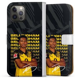 DeinDesign iPhone 12 Pro Max Handy Klapph&uuml;lle Handyh&uuml;lle aus Kunst Leder wei&szlig; Flip Case Borussia Dortmund Jobe Bellingham Bvb Sideflip mit Lasche